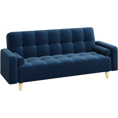Yaheetech Blue Velvet 3 Seater Convertible Sofa Bed with Armrests and 2 ...