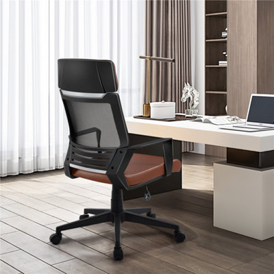 Yaheetech Brown Ergonomic Height Adjustable Leather Mesh Office Chair ...