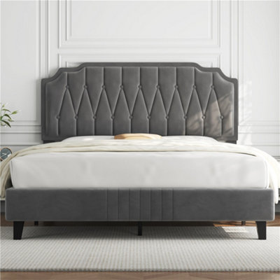 Yaheetech Dark Grey 4ft6 Double Upholstered Bed Frame with Button Tufted Adjustable Headboard and Wooden Slat