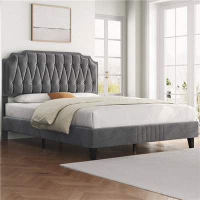 Yaheetech Dark Grey 4ft6 Double Upholstered Bed Frame with Button Tufted Adjustable Headboard and Wooden Slat Support