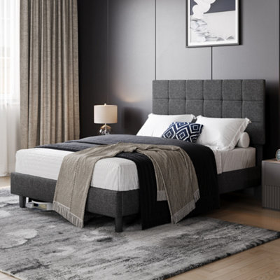 Yaheetech Dark Grey 4ft6 Double Upholstered Bed Frame with Square ...
