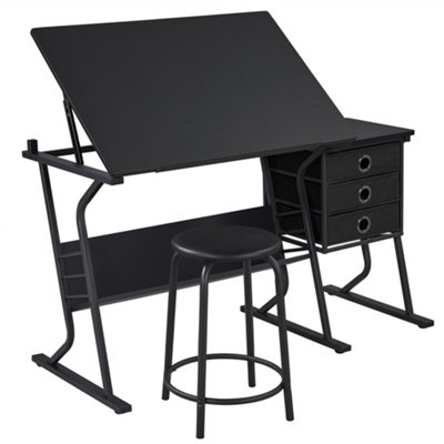 Yaheetech Drafting Table and Stool Set with 3 Drawers