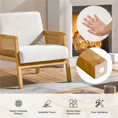 Yaheetech Ivory Boucle Upholstered Accent Chair with Rattan Sides and Rubberwood Legs