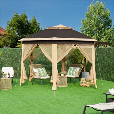 Yaheetech Khaki/Brown 4x3.4m Hexagonal Outdoor Gazebo Pop Up Canopy ...