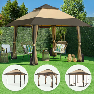 Yaheetech Khaki/Brown 4x4m Pop-Up Gazebo Tent with 4 Mesh Sidewalls