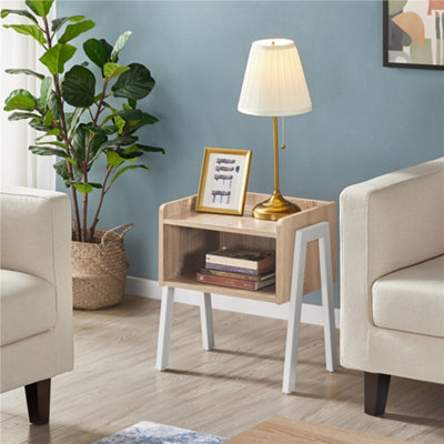 Yaheetech Light Oak Industrial Side Table with Open Front