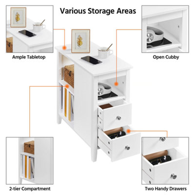 Yaheetech Narrow White Bedside Table Nightstand with 2 Drawers 3 Shelves