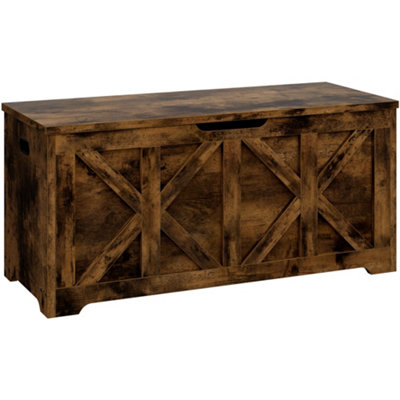 Yaheetech Rustic Brown 132 L Wooden Storage Bench with Safety Hinged Lid