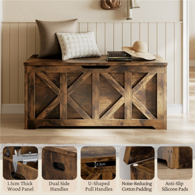 Yaheetech Rustic Brown 132 L Wooden Storage Bench with Safety Hinged Lid