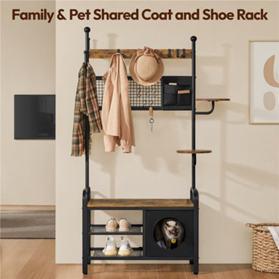 Yaheetech Rustic Brown 3-Layer Industrial Hall Tree with Cat House and ...