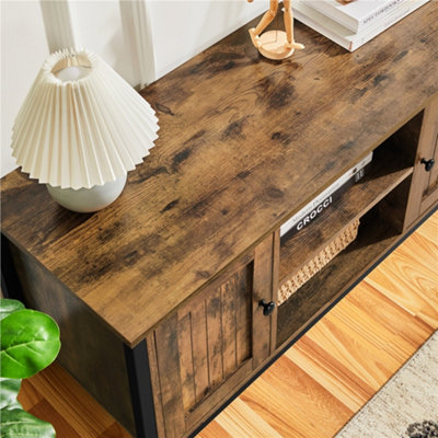 Yaheetech Rustic Brown Farmhouse TV Cabinet with 2 Doors and Cable ...