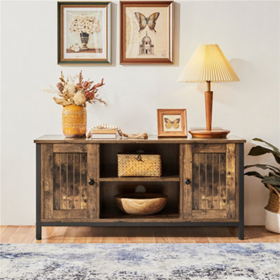 Yaheetech Rustic Brown Farmhouse TV Cabinet with 2 Doors and Cable ...