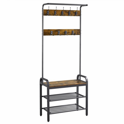 Yaheetech Rustic Brown Industrial Metal Hall Tree with 2 Shelves