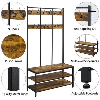 Yaheetech Rustic Brown Industrial Metal Hallway Rack with Bench