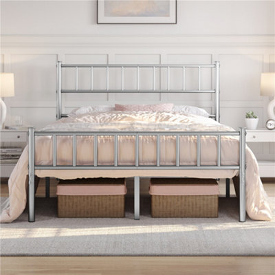 Yaheetech Silver 4ft6 Double Metal Bed Frame with Slatted Headboard and Footboard