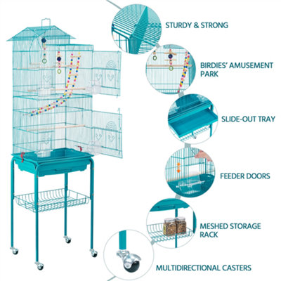 Yaheetech Teal Blue Rolling Metal Bird Cage with Detachable Stand
