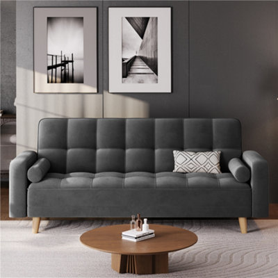 Yaheetech Velvet 3 Seater Convertible Sofa Bed with 2 Bolster Pillows Grey