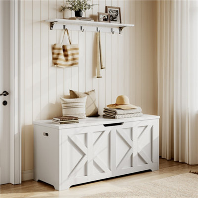 Yaheetech White 132 L Wooden Storage Bench with Safety Hinged Lid