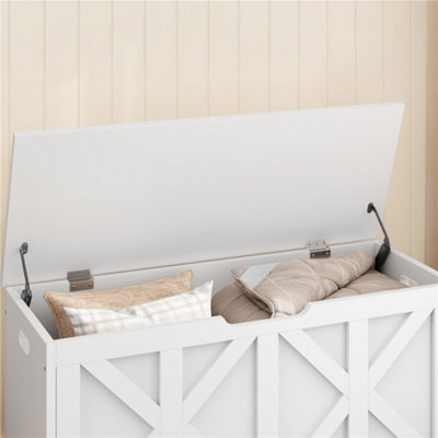 Yaheetech White 132 L Wooden Storage Bench with Safety Hinged Lid