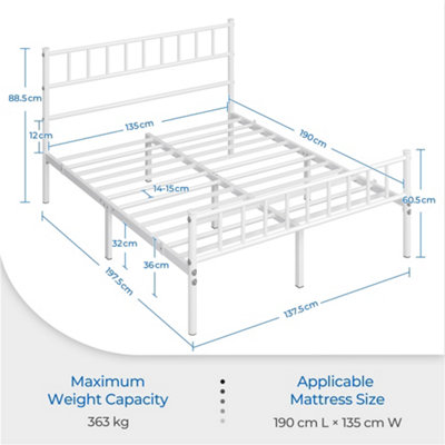 Yaheetech White 4ft6 Double Metal Bed Frame with Slatted Headboard and ...