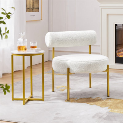 Yaheetech White Boucle Accent Chair with Round Padded Seat and Gold ...
