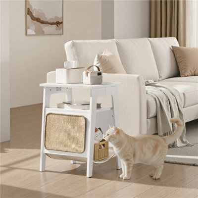 Yaheetech White Classic Wooden End Table with Cat House & Scratching Board