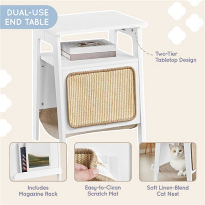 Yaheetech White Classic Wooden End Table with Cat House & Scratching Board