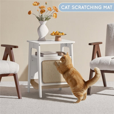 Yaheetech White Classic Wooden End Table with Cat House & Scratching Board