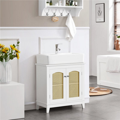 Yaheetech White Freestanding Bathroom Under Sink Cabinet With Rattan