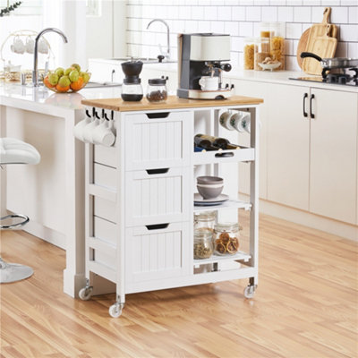 Yaheetech White Kitchen Storage Cart with 3 Drawers and 6 Side Hooks