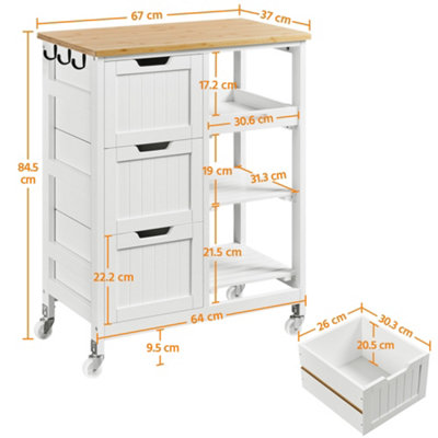 Yaheetech White Kitchen Storage Cart with 3 Drawers and 6 Side Hooks