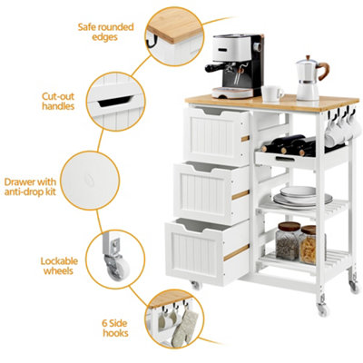 YAHEETECH WHITE KITCHEN STORAGE CART WITH 3 DRAWERS AND 6 SIDE HOOKS