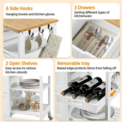 Yaheetech White Kitchen Storage Cart with 3 Drawers and 6 Side Hooks