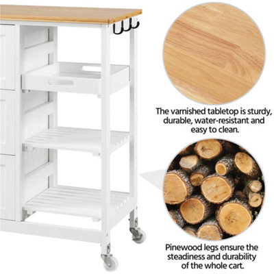 Yaheetech White Kitchen Storage Cart with 3 Drawers and 6 Side Hooks
