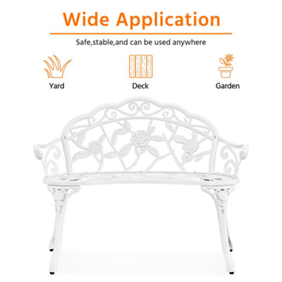 Yaheetech White Outdoor Metal Bench Rose Accented for Patio, Garden, Park