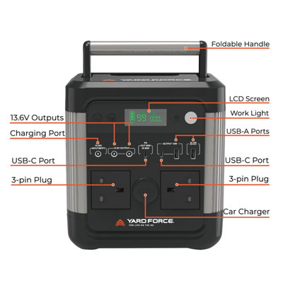 Yard Force 600W Portable Power Station with 25.9V / 20Ah Lithium-Ion battery, triple USB ports ...