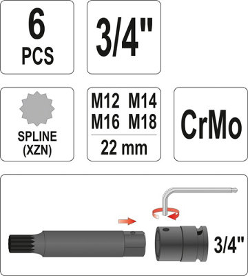 Yato YT-1157, 3/4" impact spline bits sockets sizes M12-M18