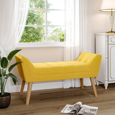 Yellow Fabric Upholstered Accent Hallway Bench Bed End Bench Footstool with Wooden Legs