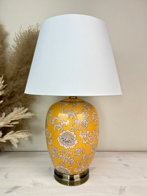 Yellow Floral Ceramic Table Lamp with Plain Shade