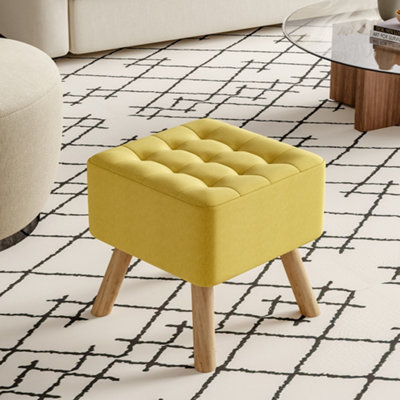 Yellow Linen Upholstered Footstool Footrest with Padded Wooden Legs W ...