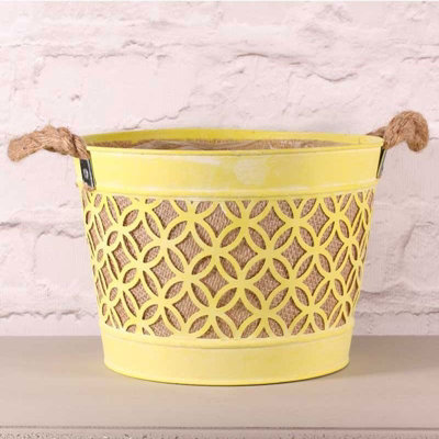 Yellow Metal Plant Pot with a Hessian Lining and Detailed Fretwork ...