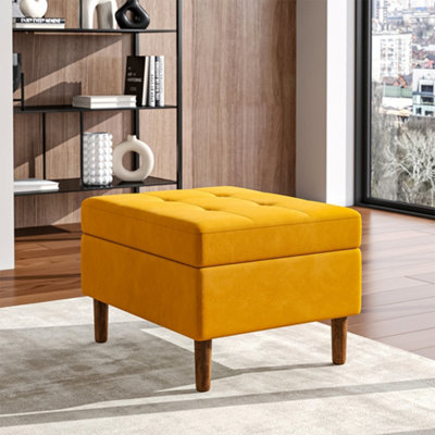 Yellow Modern Rectangular Tufted Velvet Upholstered Storage Ottoman with Rubberwood Legs