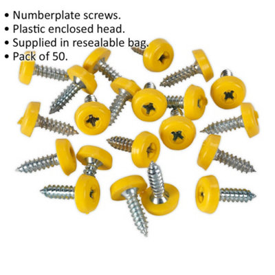 Yellow Numberplate Screws - 50 Pack, 4.8 x 18mm Plastic Enclosed Head ...