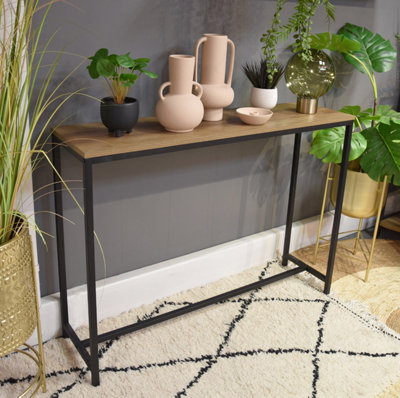 Yellow Oak Console Table Wood and Metal