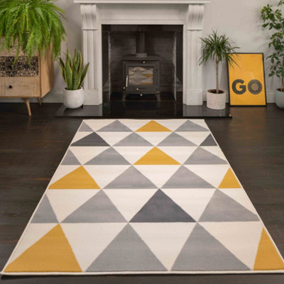 Yellow Ochre Grey Diamond Geometric Living Room Rug 80x150cm | DIY at B&Q