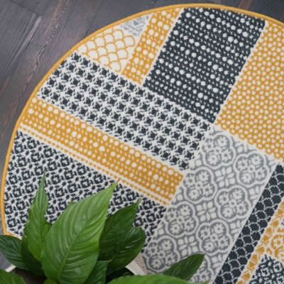 Yellow Ochre Grey Floral Patchwork Living Room Round Circular Mat 120x120cm