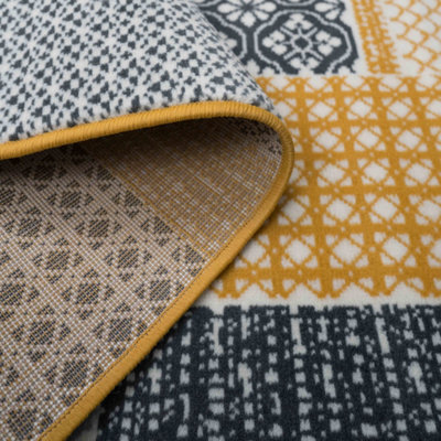 Yellow Ochre Grey Floral Patchwork Living Room Runner Rug 60x240cm