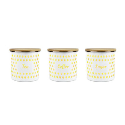 Yellow Polka Dot Kitchen Storage Canister Set - Spotty Print Metal Tea ...