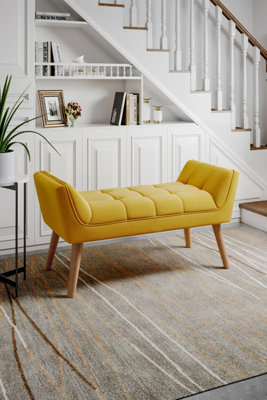 Yellow Tufted Fabric Bed Bench End of Bed Bench Ottoman Upholstered ...