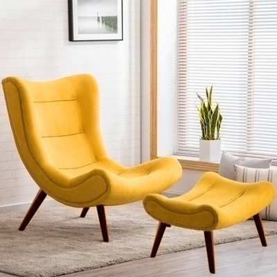 Yellow Upholstered Faux Wool Arched Armless Accent Chair with Footstool ...